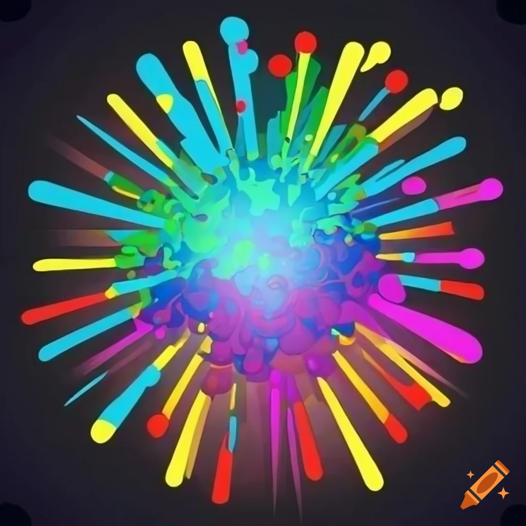 Colorful collision of particles with vibrant energy rays, cartoon-style ...