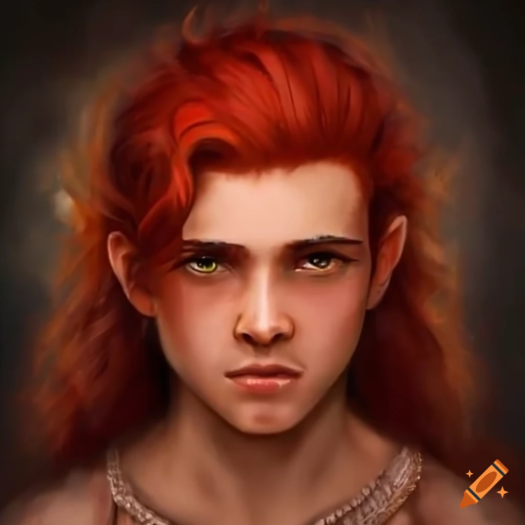 A courageous young man. red shord hair. happy and friendly. stand in a ...