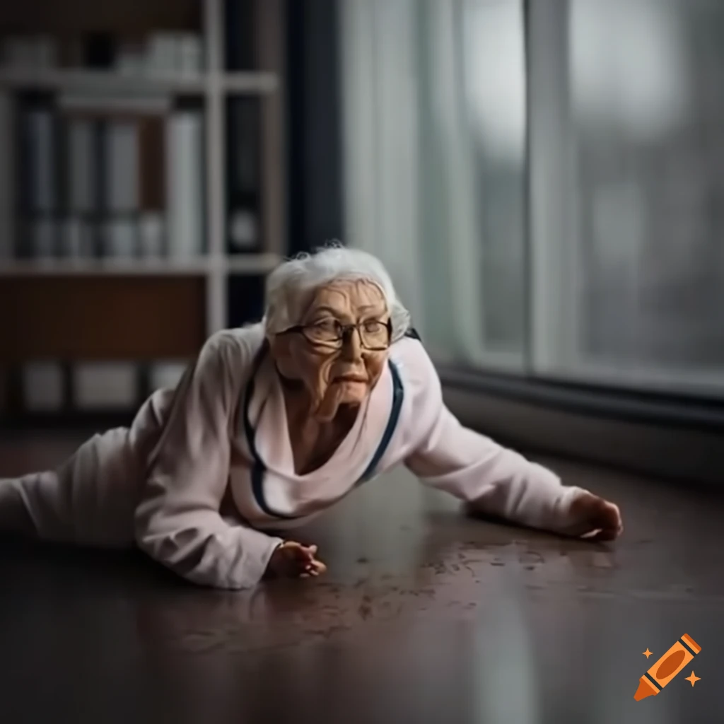 Old woman crawling to work at an office on a rainy monday morning on ...