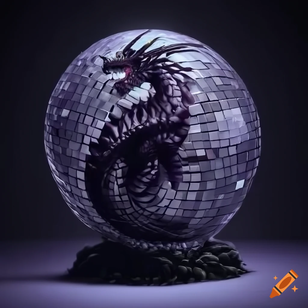 A majestic dragon perched on a monochrome disco ball on Craiyon