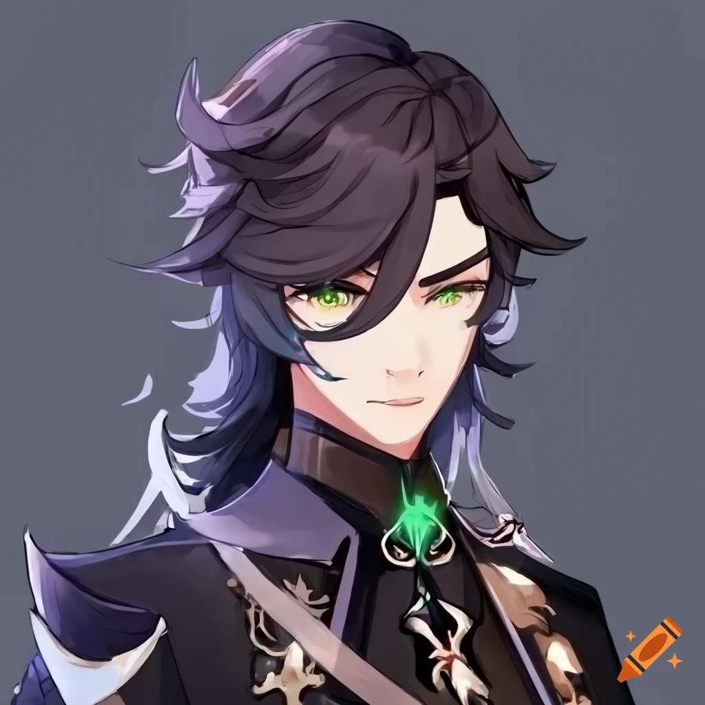 A genshin impact artstyle man, with green eyes, dark short to medium ...