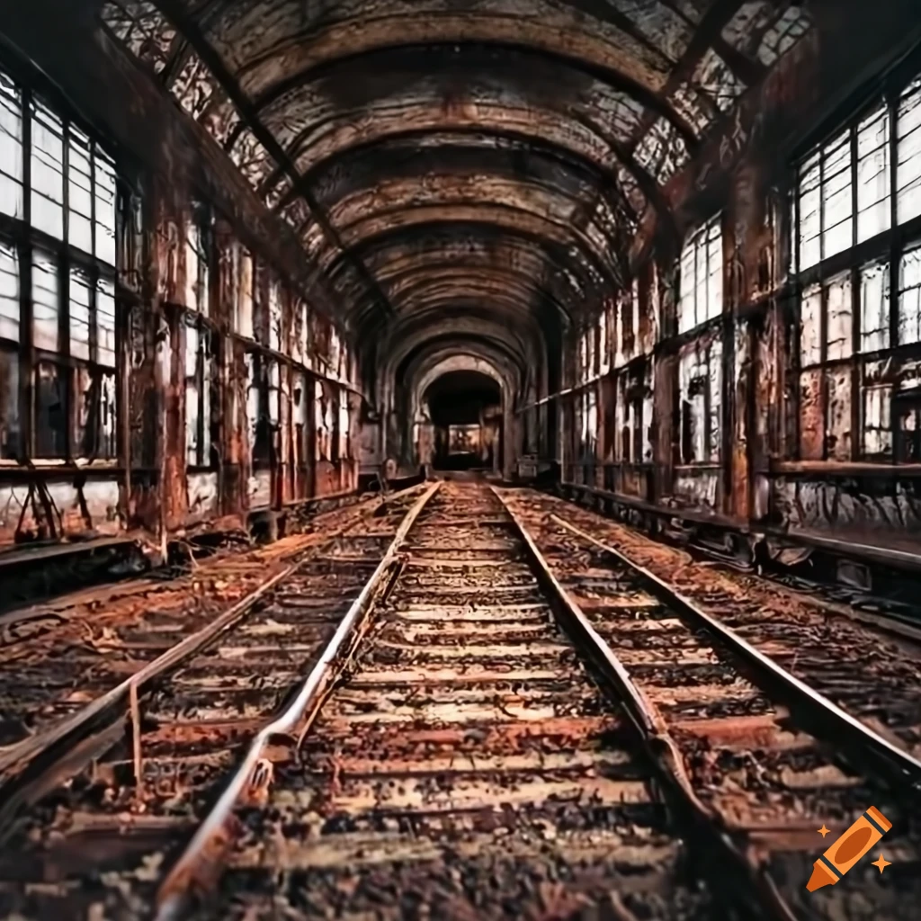 Rusty train in train hall, nature taking back, photorealistic on Craiyon