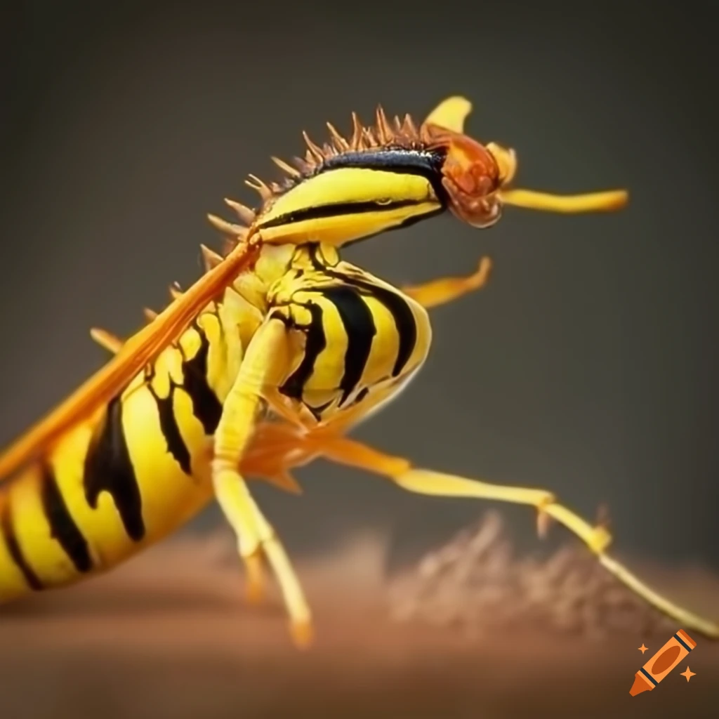 A fantastical striped dragon creature with yellowjacket wasp color ...