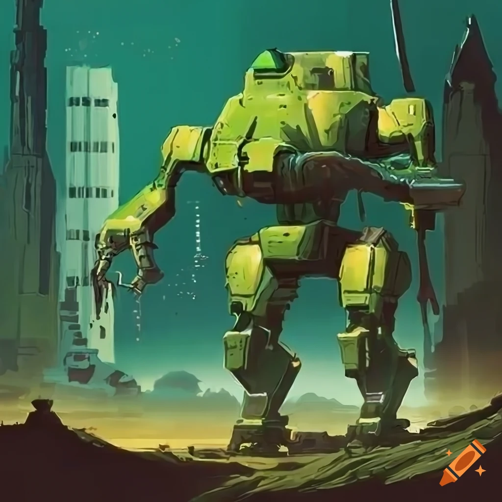70s sci fi green mech art