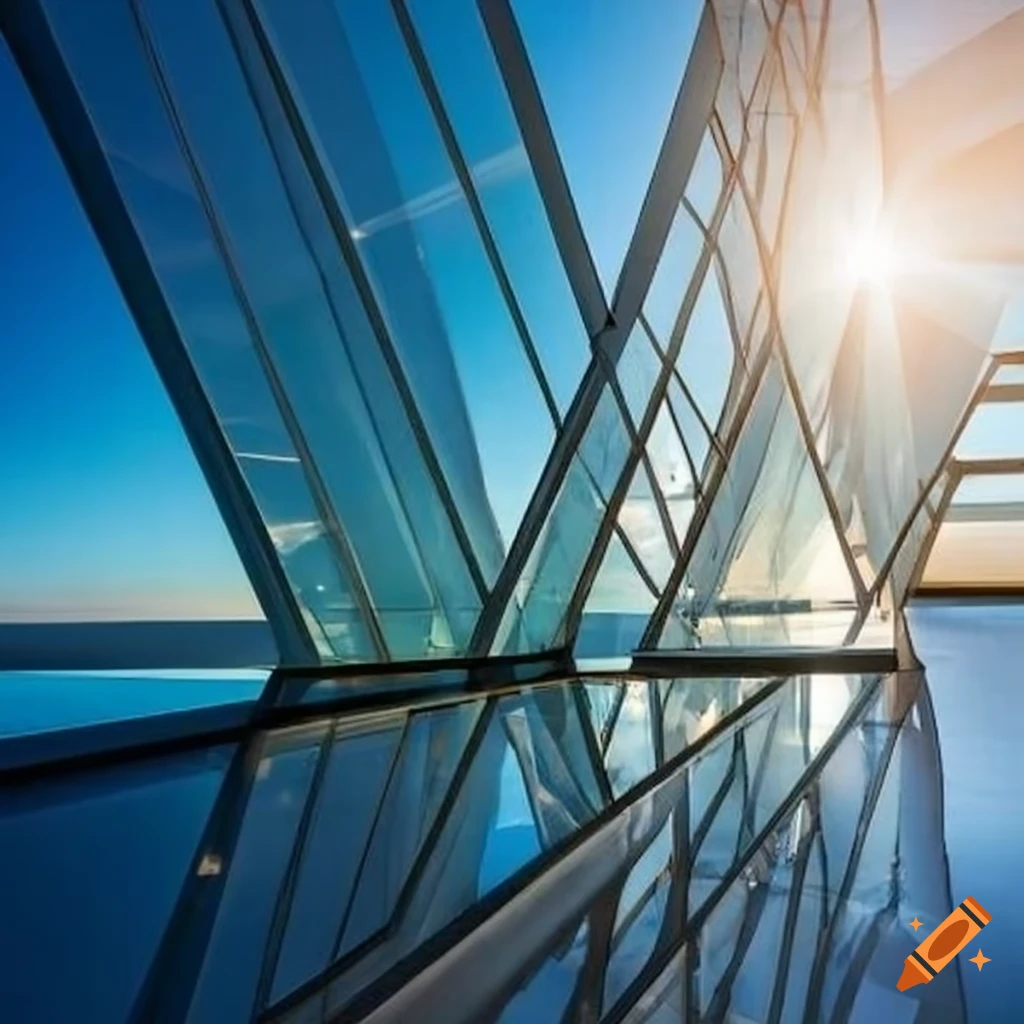 A stunning glass structure reflecting sunlight with a modern ...
