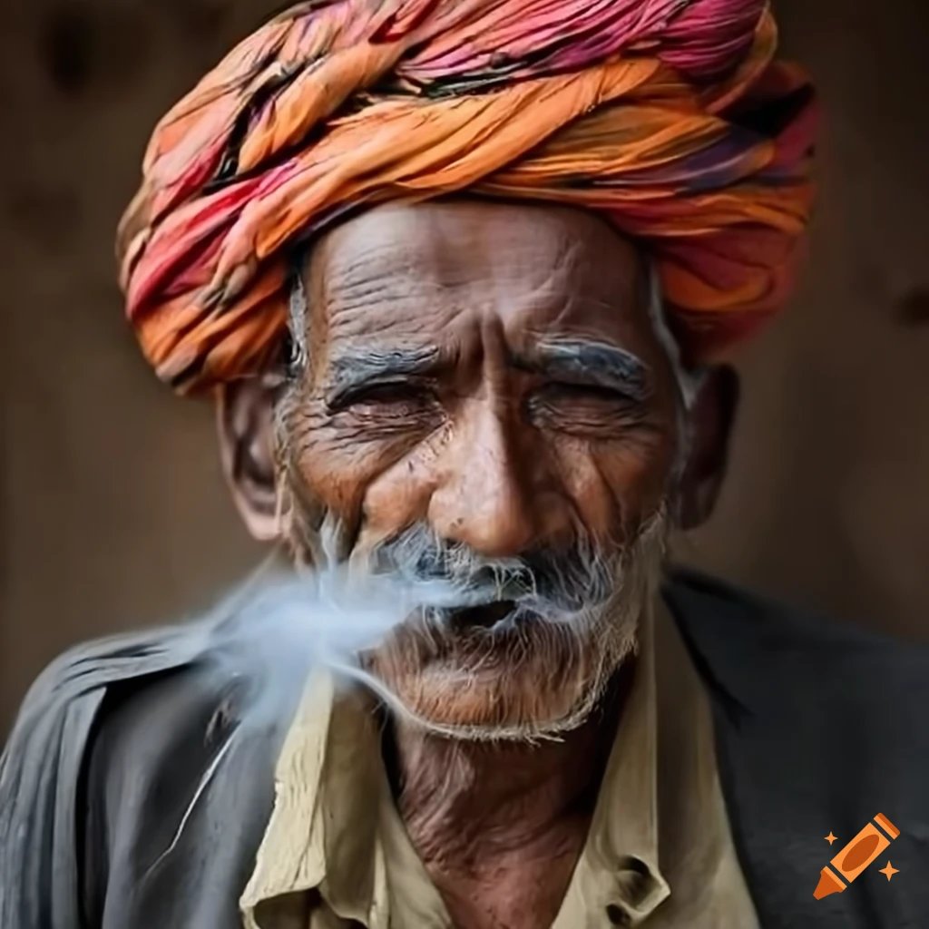 A rajasthani old man smoking bidi and turban on his head on Craiyon