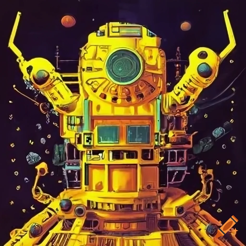 70s sci fi yellow engine art on Craiyon