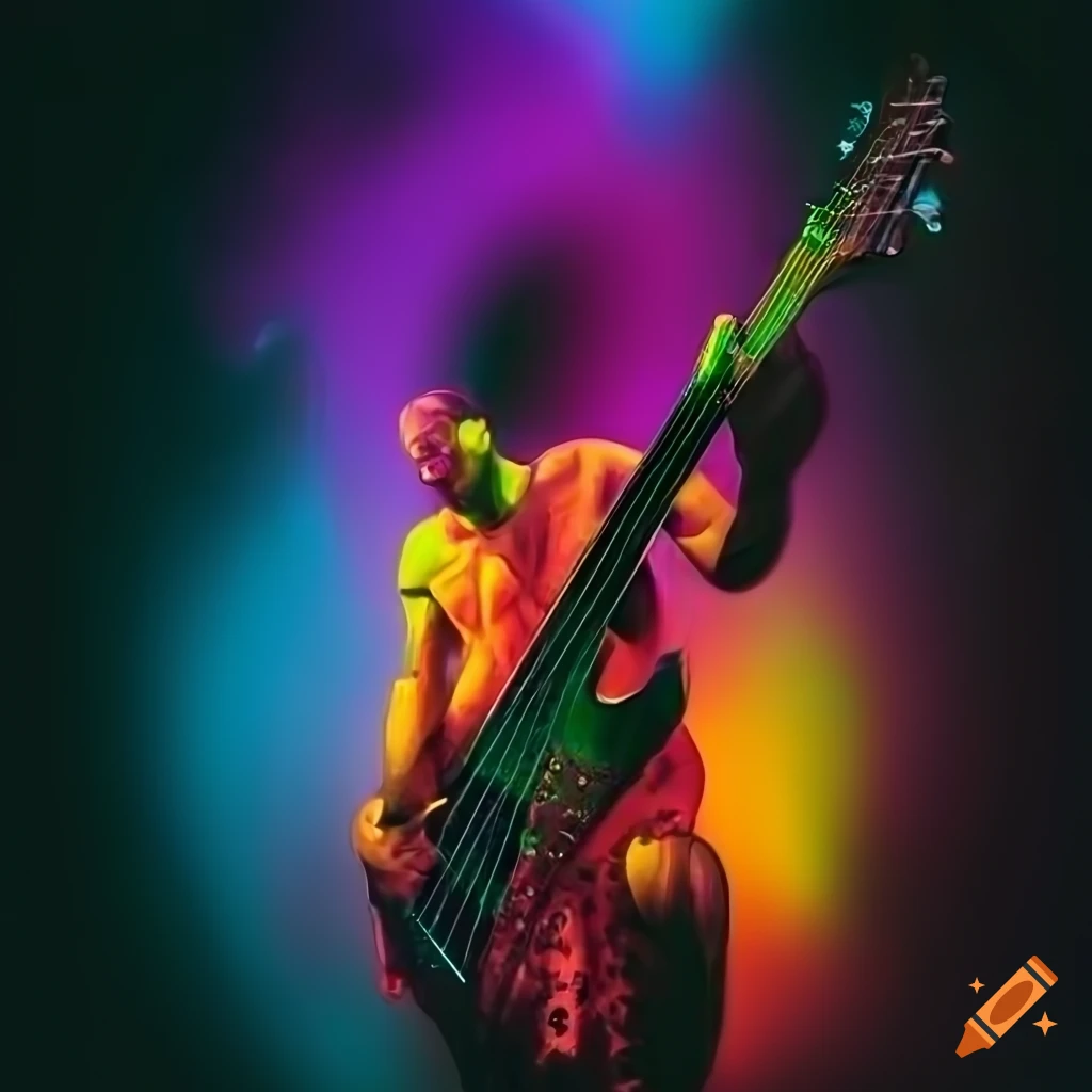 Many handed player with nine-string bass, psychedelic photo on white ...