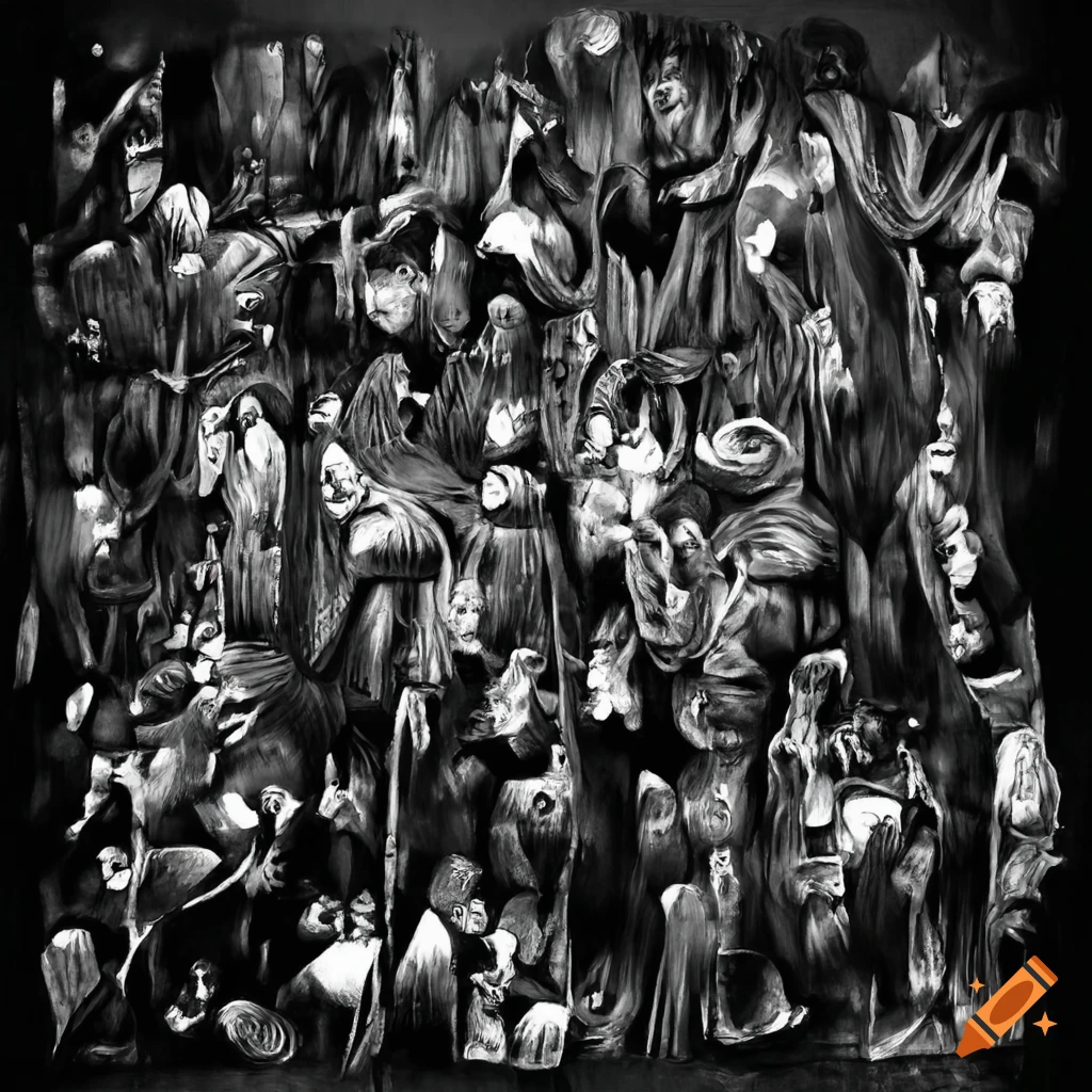 A surreal painting of a large group of faceless people in rags on Craiyon