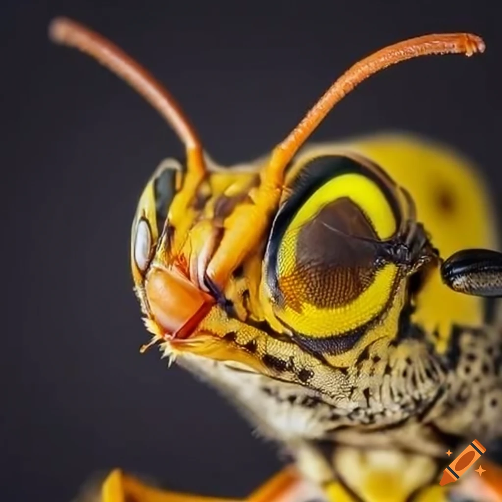 A fantastical striped dragon creature with yellowjacket wasp features ...