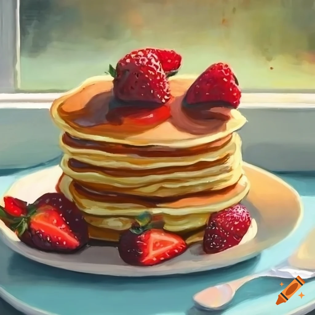Strawberry pancakes on a windowsill in summer. oil painted