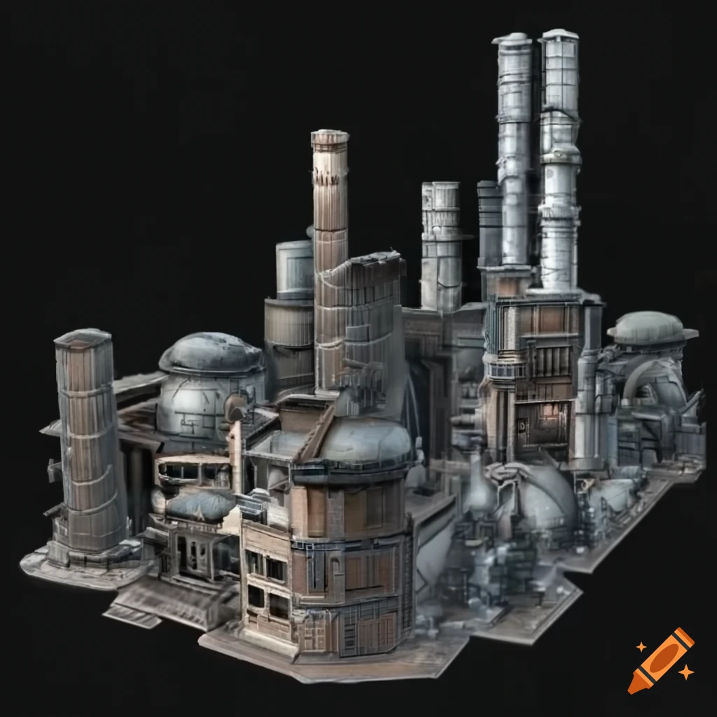 Grimdark sci-fi oil refinery buildings