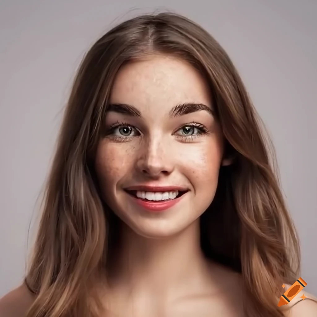 Beautiful young woman delicate freckles cheerful smile