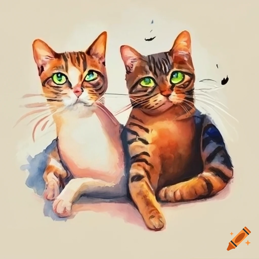 Calm cats painted with watercolor, cats hugging each other on Craiyon