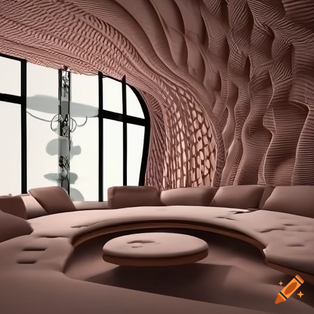 Generate a 3d parametric surreal double storey interior space of a modern italian living room ...
