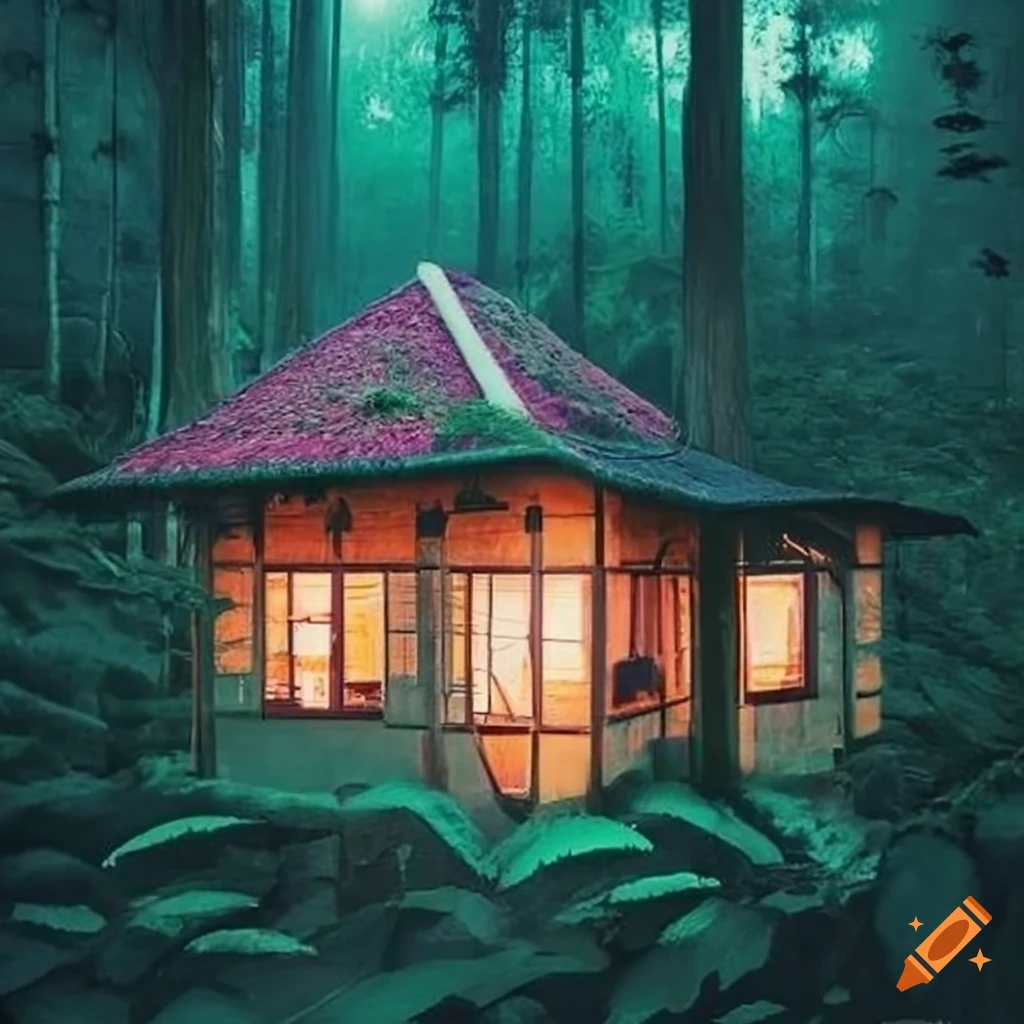 Color photo of a rumah di tengah hutan, a secluded cabin in the middle ...