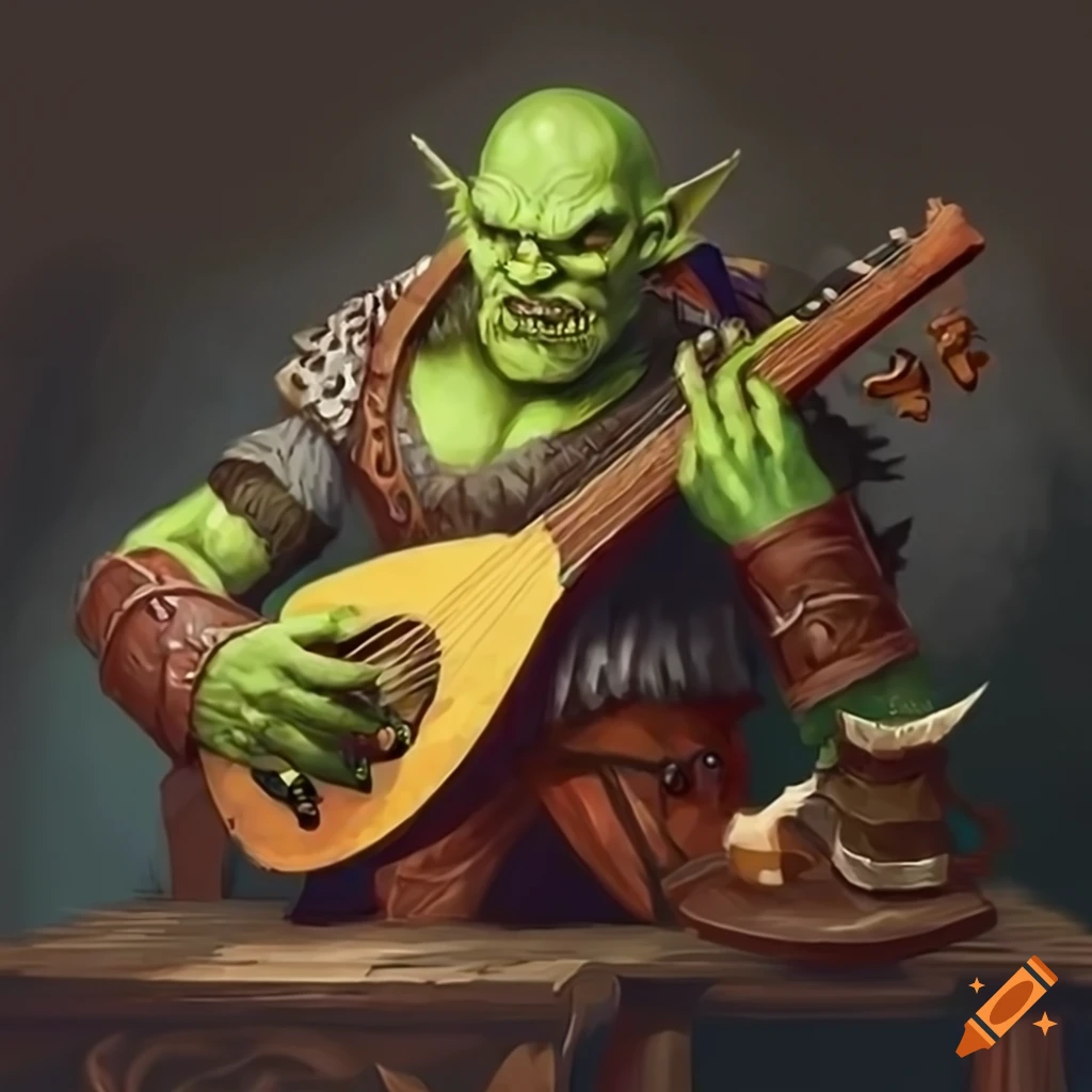 An Orc bard playing a lute, fantasy, detailed on Craiyon