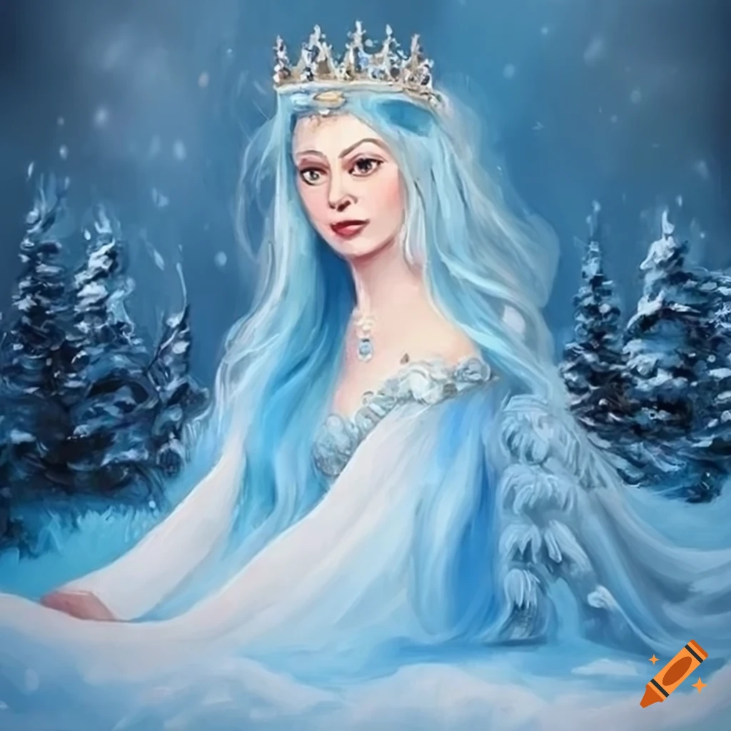 Vivid oil painting, snow queen, queen with light blue hair, half blue ...