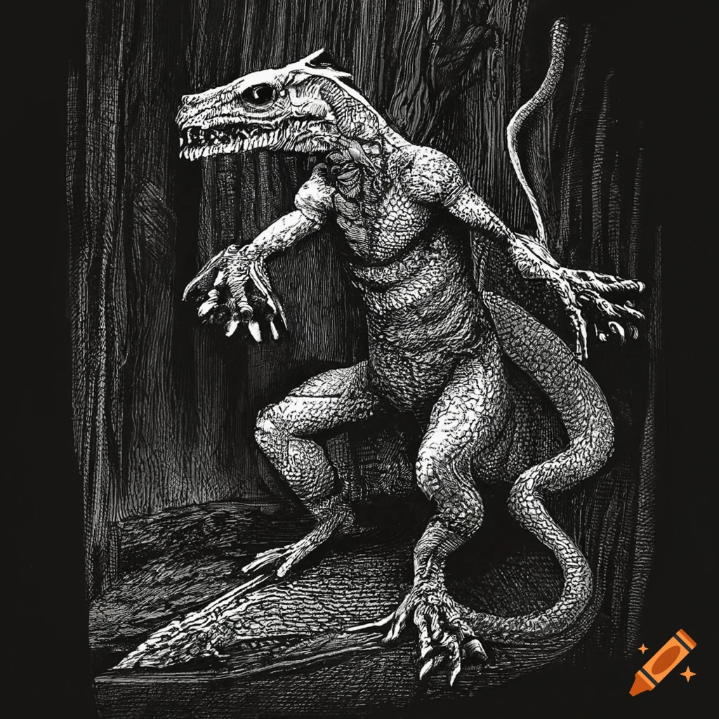Lizard man, dungeons & dragons, black and white, etching on Craiyon