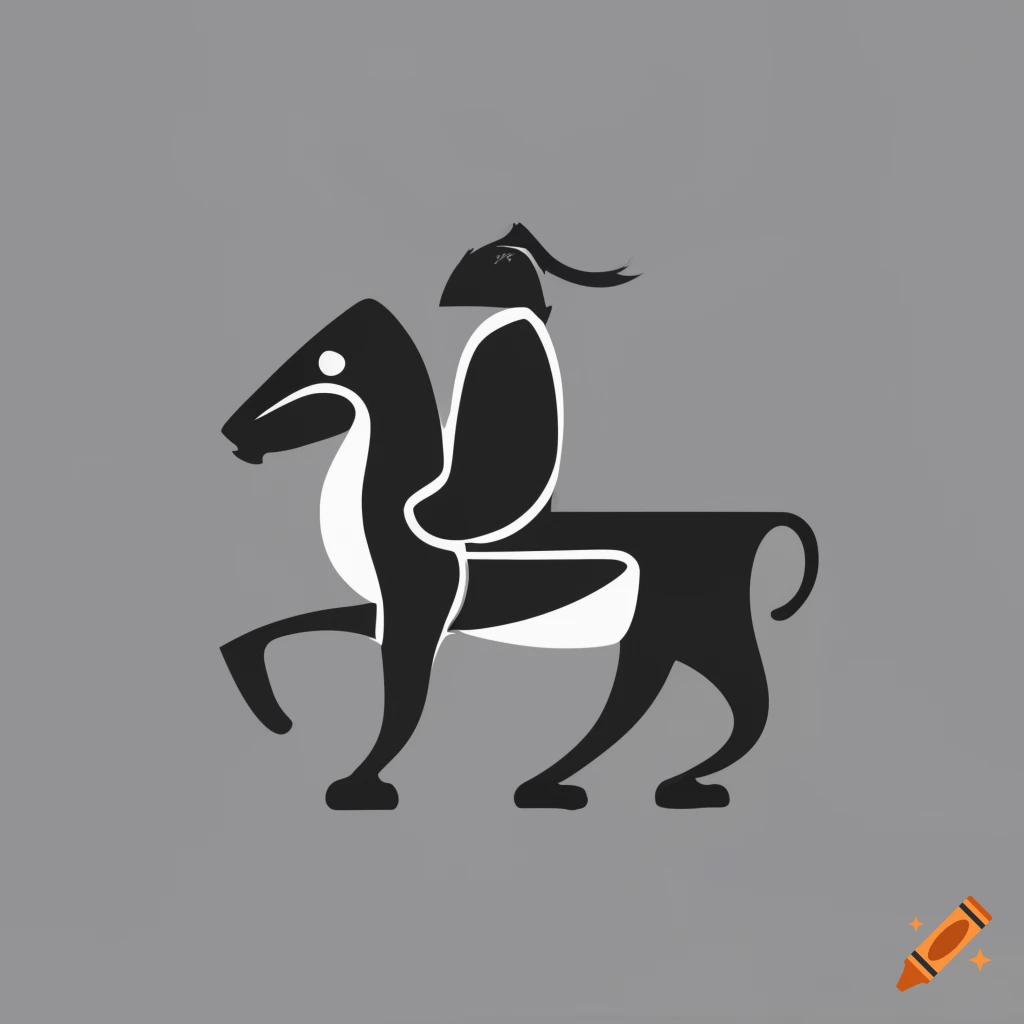 Black and white logo with a penguin riding a horse on a plain background