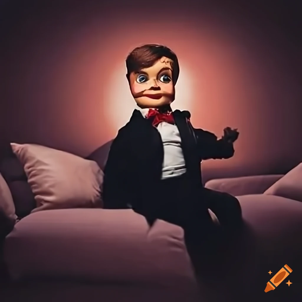A photo of Elon Musk as a dummy ventriloquist doll sitting on a couch ...
