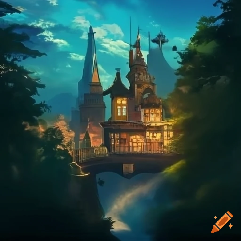 Castle, tree house, forest, flowers, city, light, houses, tower ...
