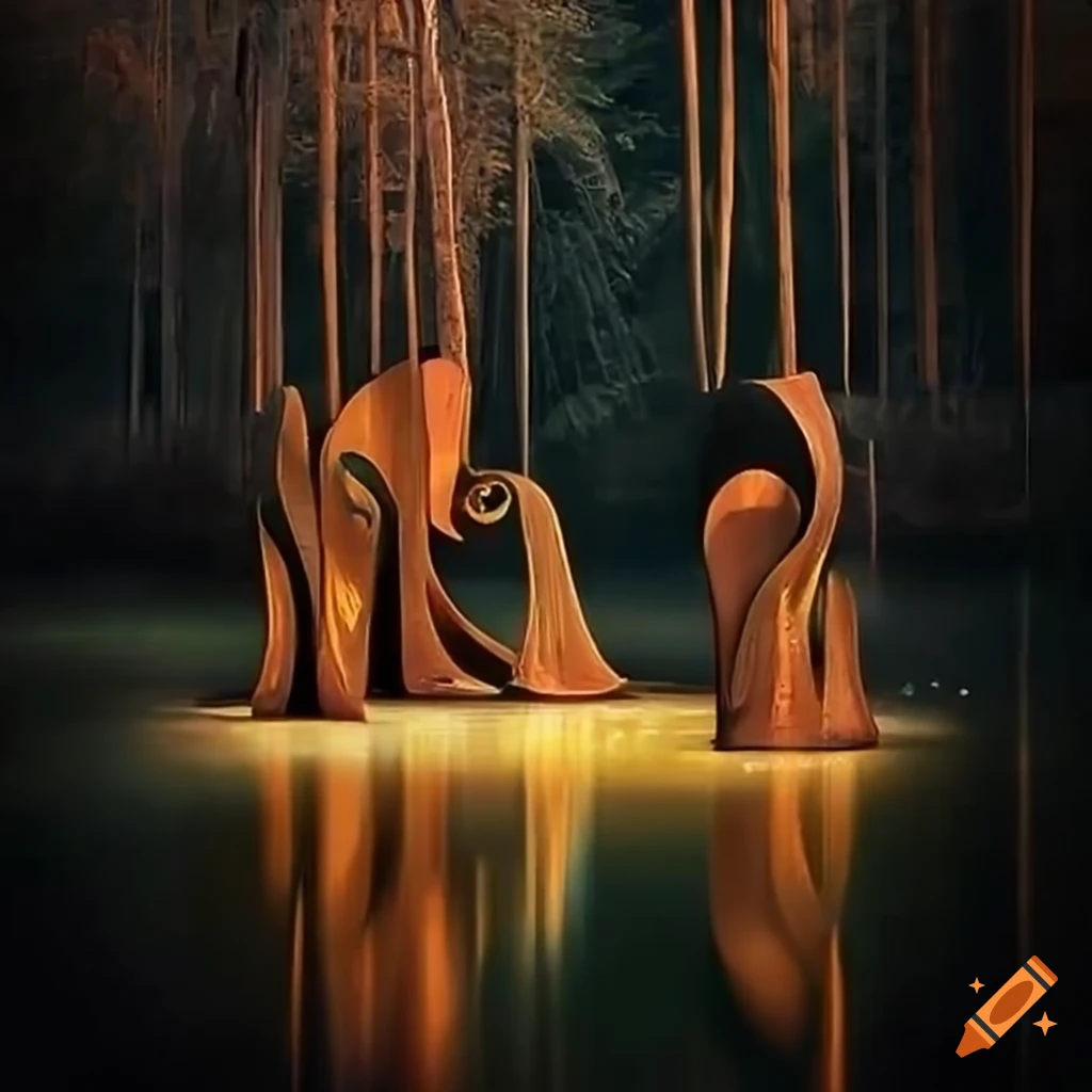 Painting parc with modern sculptures lake swamp canot street lamps ...