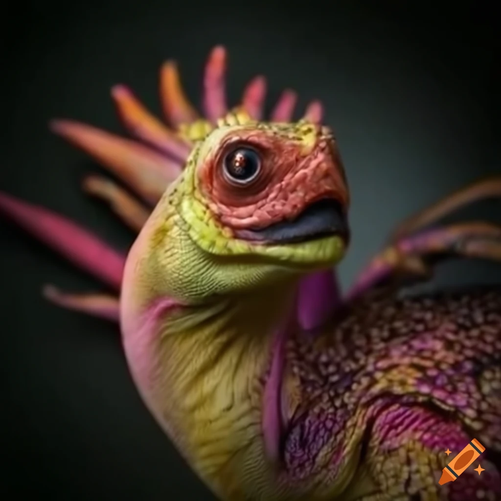 A whimsical hybrid creature inspired by both lizards and roosters