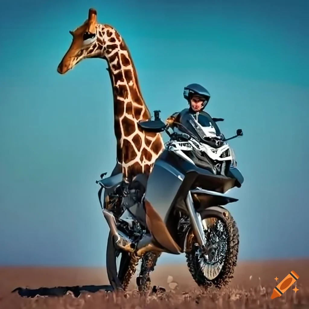 A giraffe on a bmw gs 1250 motorcycle which is riding a trail on Craiyon