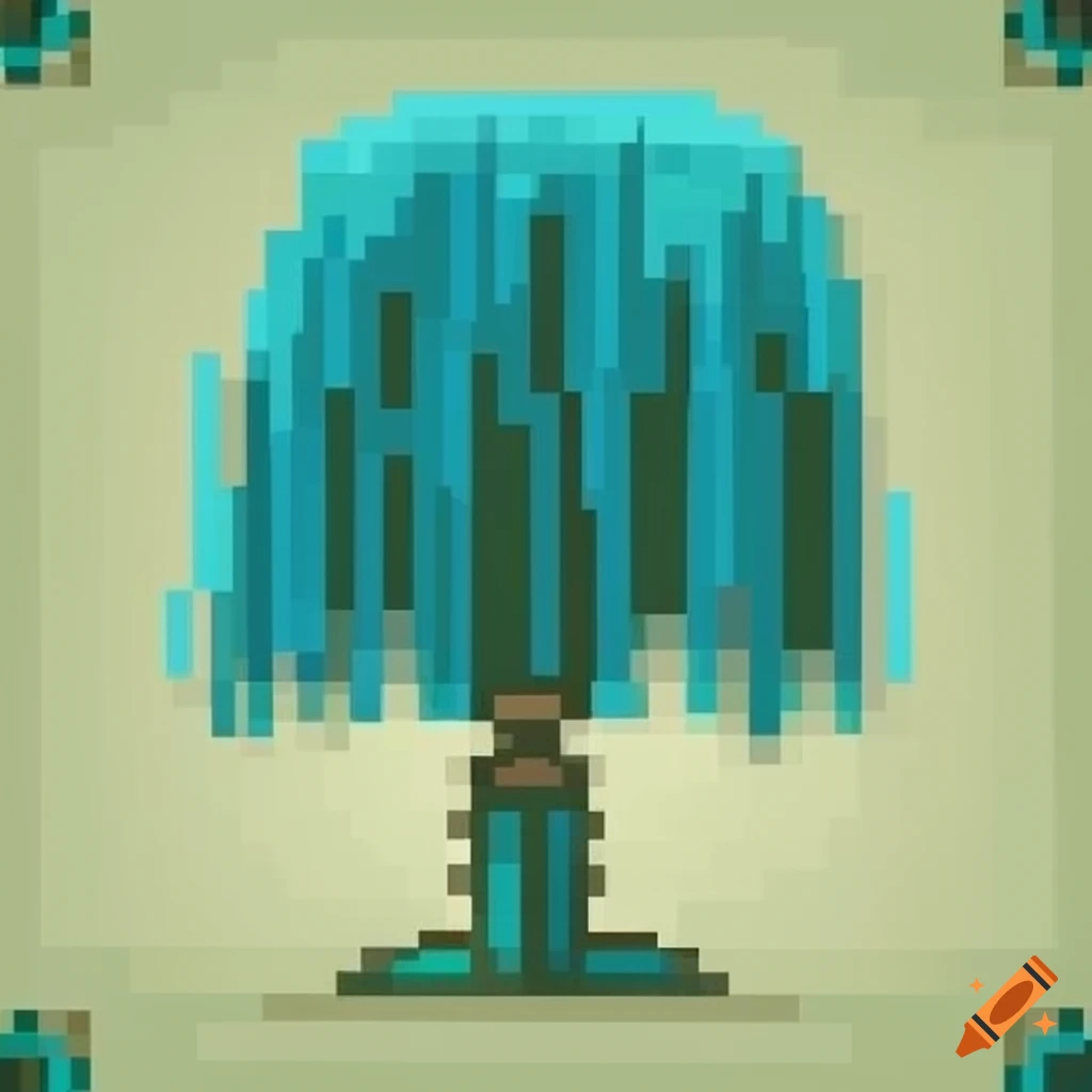 Small pixel art of a willow tree with turquoise leaves