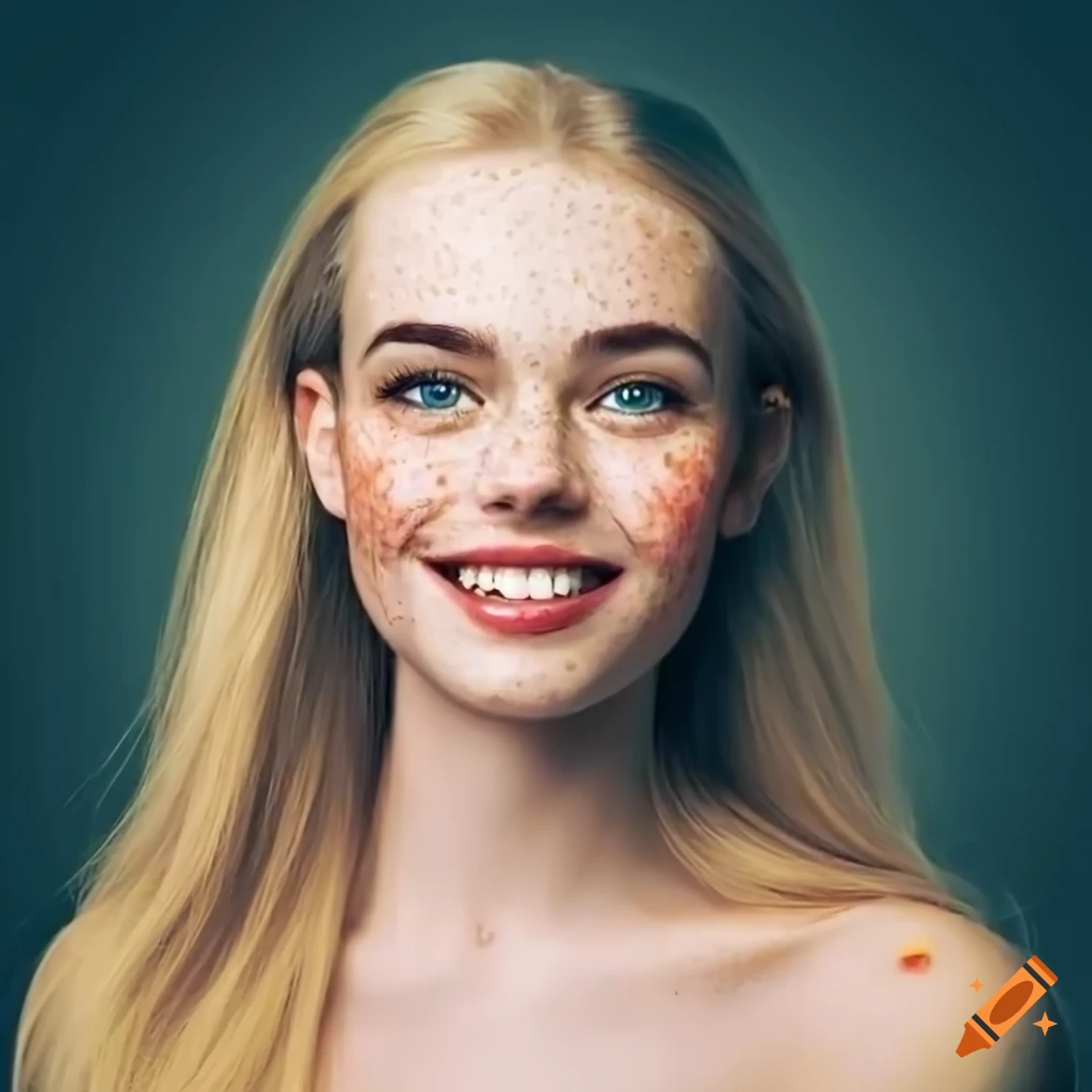 Beautiful young woman delicate freckles cheerful smile blonde hair