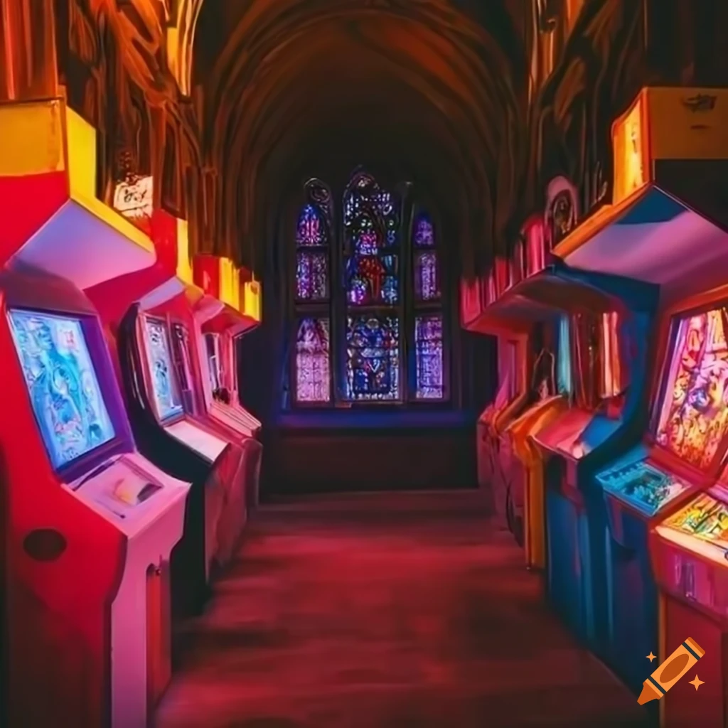 A vibrant arcade room with neon lights in a retro cathedral on Craiyon
