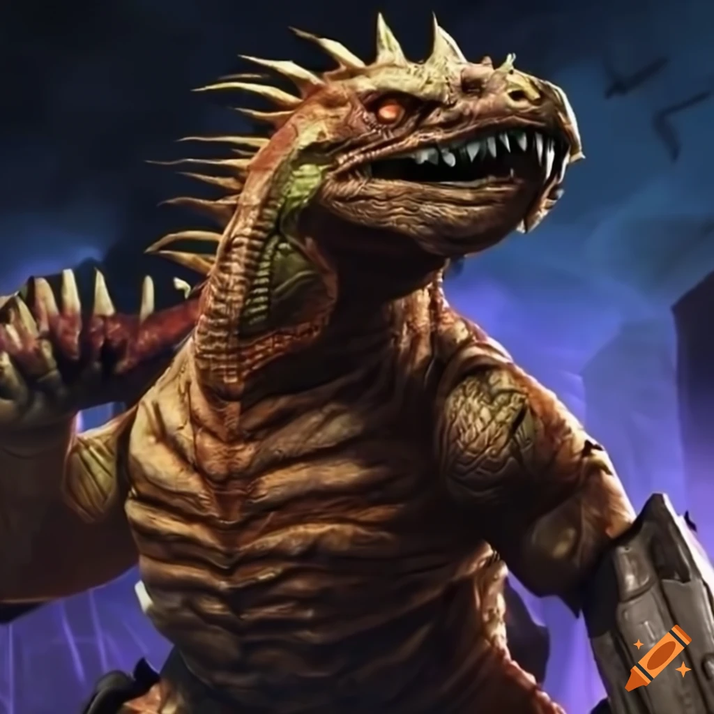 Sorlag, the ferocious lizard-like champion from Quake Champions on Craiyon