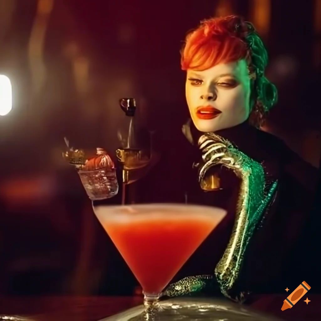 Art deco redheaded robot drinking a cocktail in a blade runner street ...