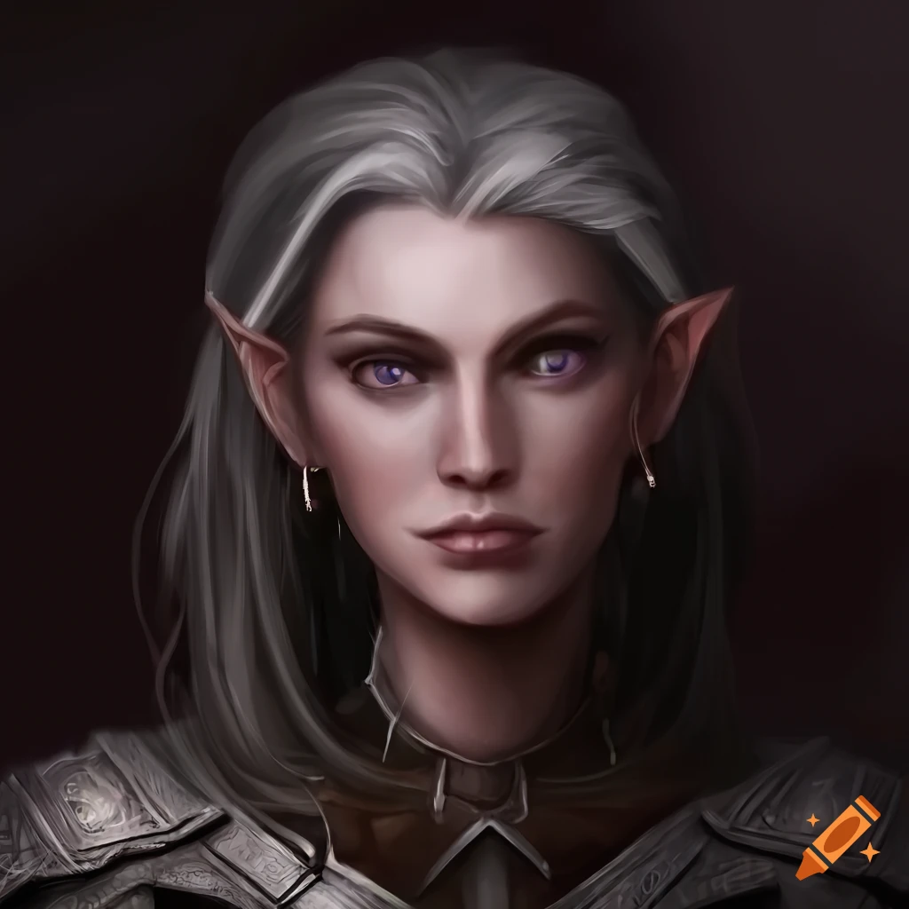 Mature elf rogue, dark grey-brown hair and pale purple eyes, detailed face, 4k resolution on Craiyon