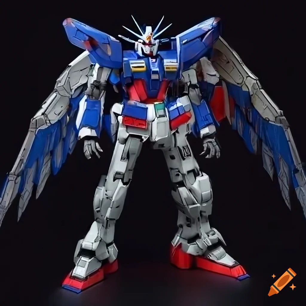 Formidable blue and red gundam mech with mechanical wings and a large ...