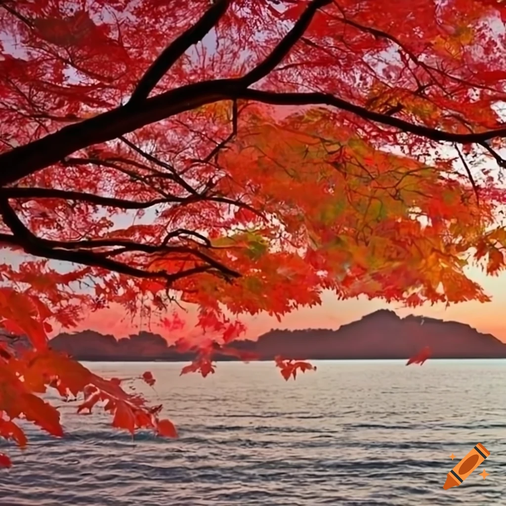 Tilted maple tree with red leaves on beach