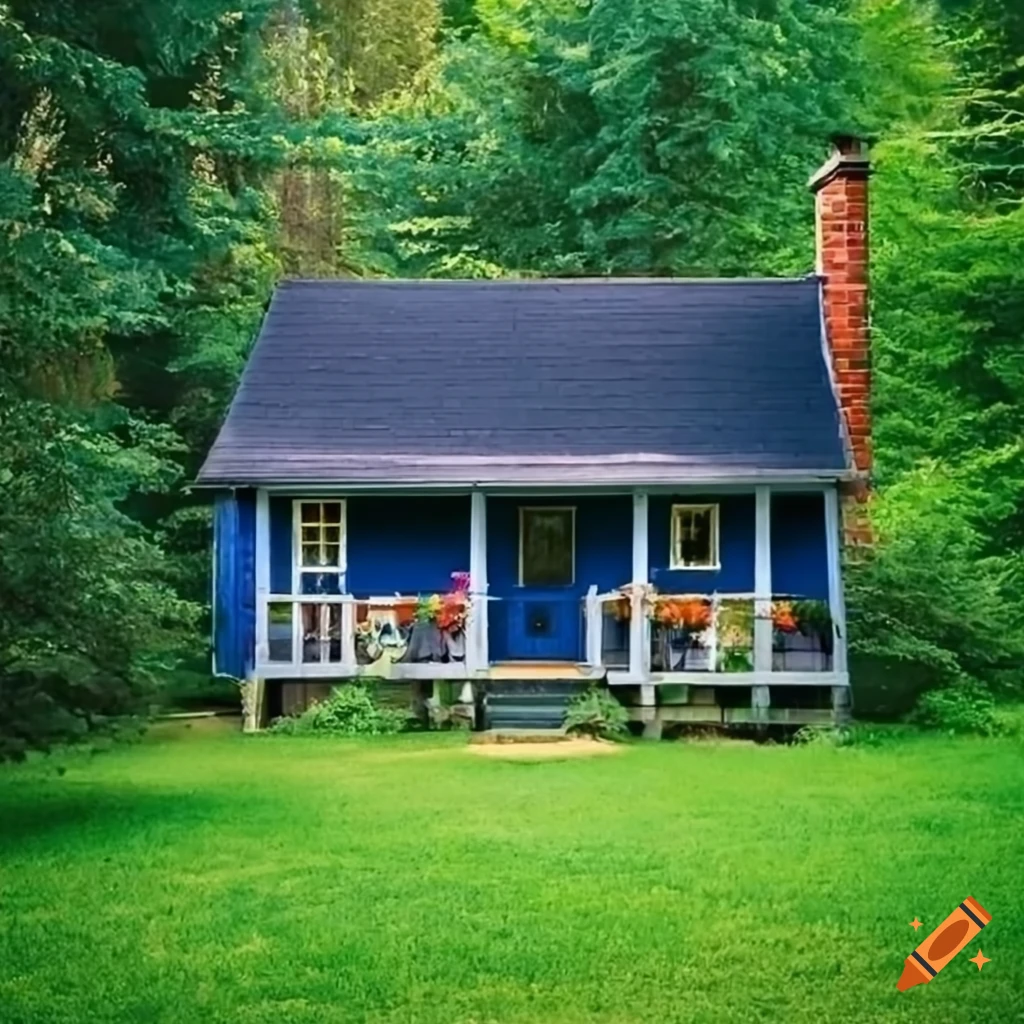 Adorable dark blue cottage with big porch in forest lots of beautiful ...