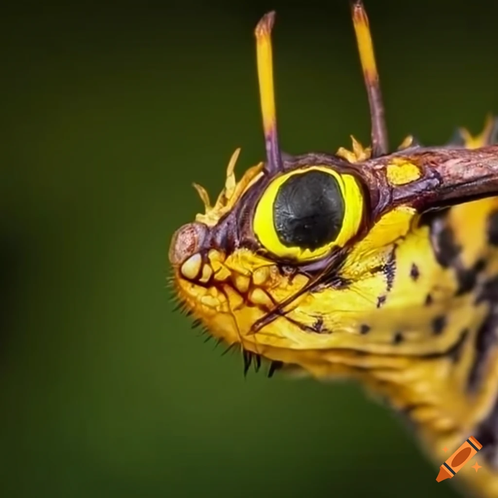 A fantastical striped dragon creature with yellowjacket wasp features ...