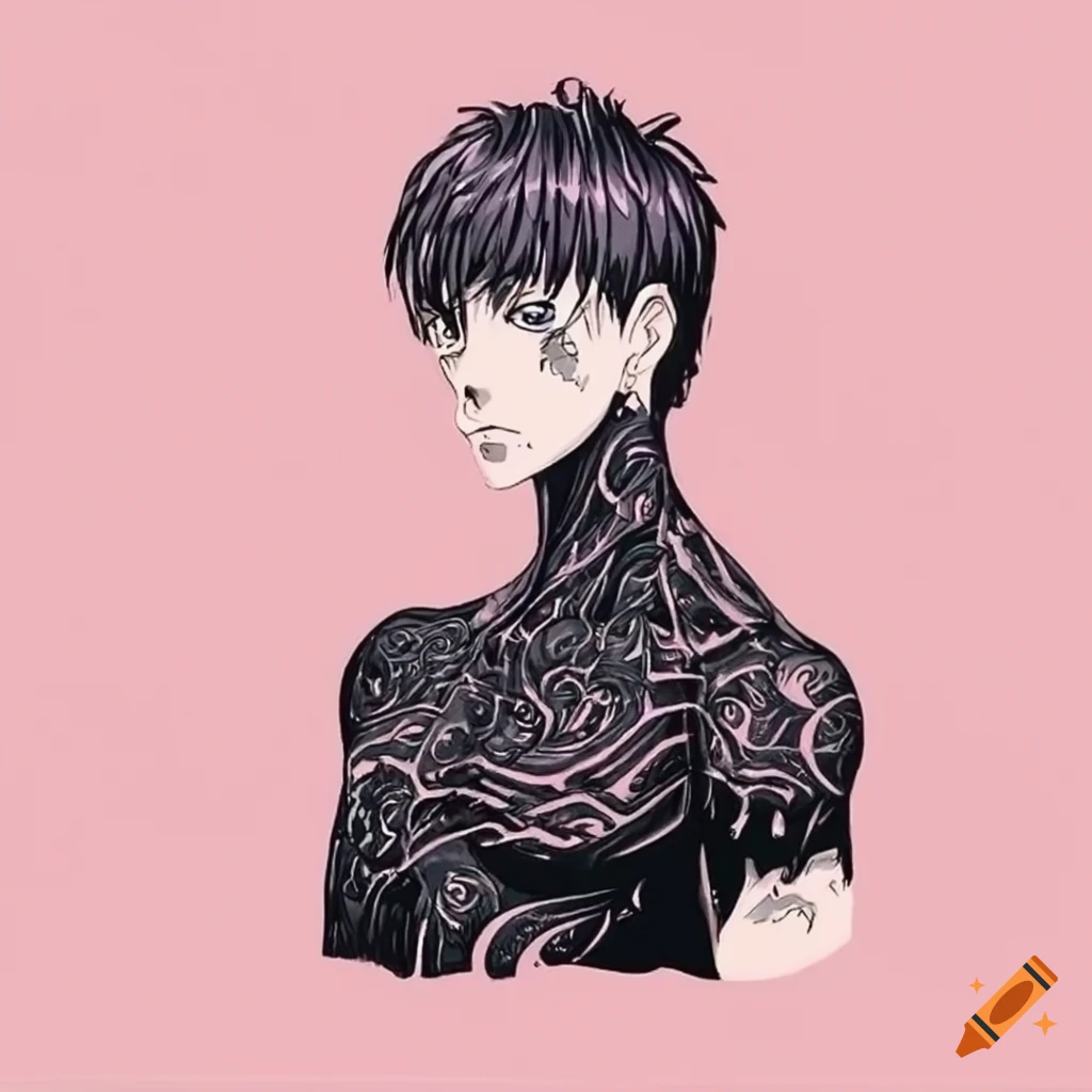 Tattooed humanoid figure in anime style on Craiyon