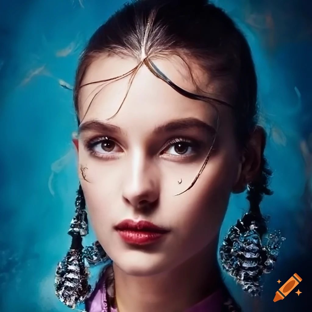 HEAD AND SHOULDERS portrait of exotic, high fashion, young female ...