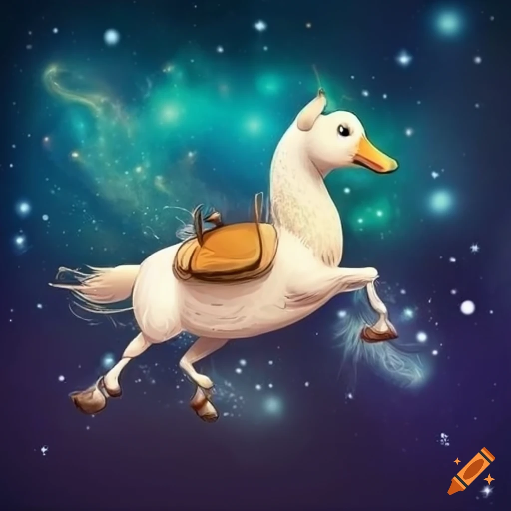 A whimsical illustration of a duck riding a horse in space on Craiyon