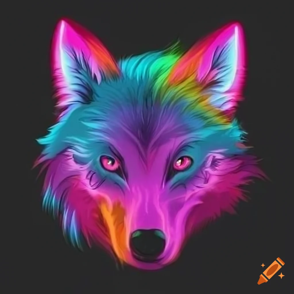 Wolf, neon lights, clip art, head only on Craiyon