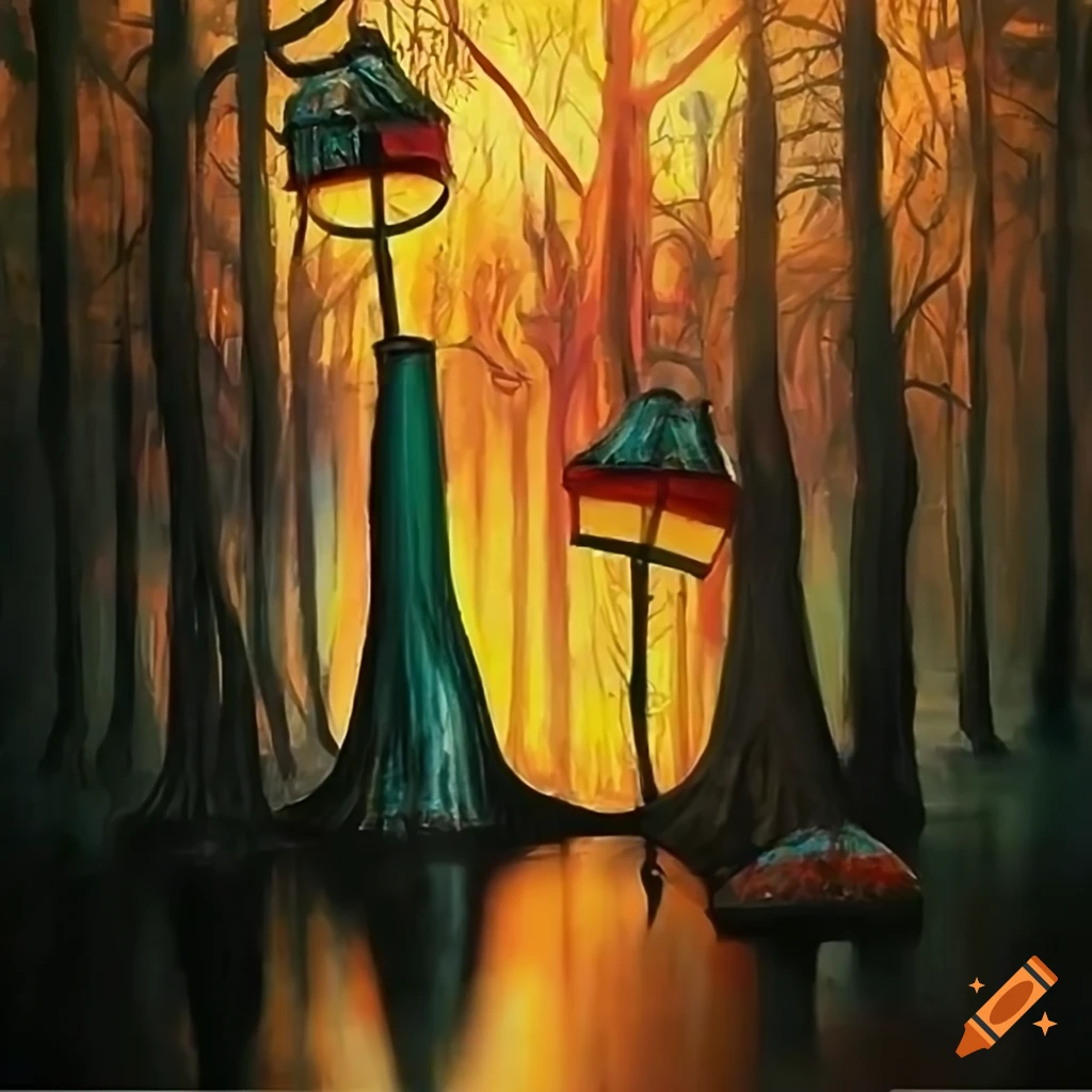 Painting parc lake swamp canot street lamps totems modern sculptures on ...