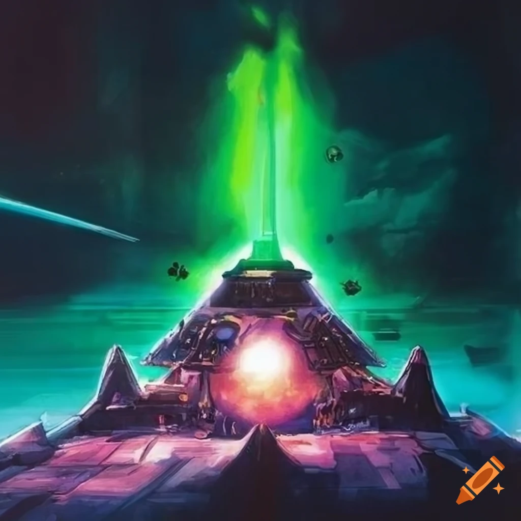 70s sci fi green spaceship attack art on Craiyon