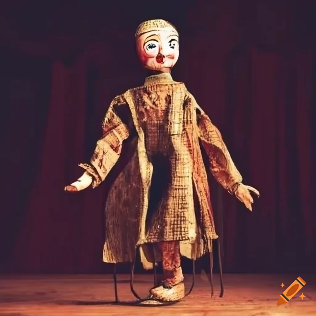 Antique wooden puppets dancing on a stage on Craiyon