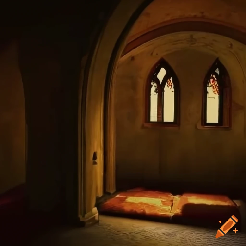 Monastery, cell, inside, spacious room,door bench