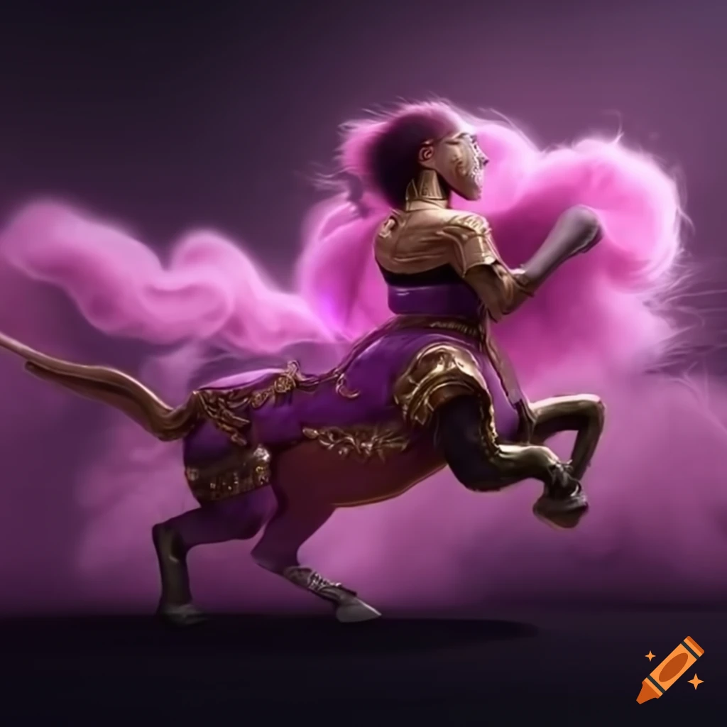 Centaurs racing through ethereal thick smoky clouds; gold armour, pink ...