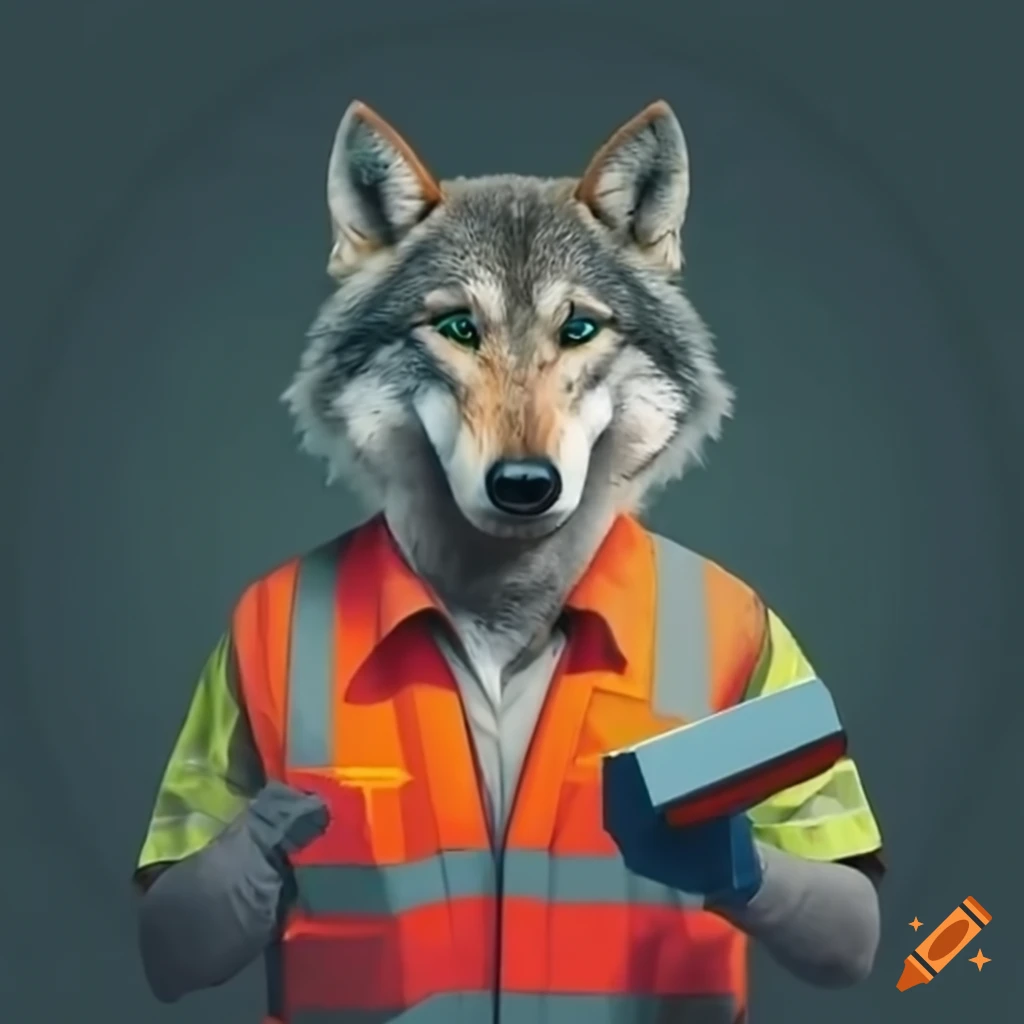 A wolf in a construction worker costume fixing a building on Craiyon