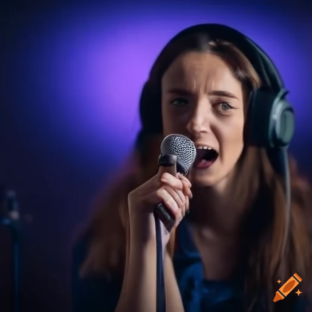 Woman full of emotions singing to a microphone in the recording studio on Craiyon